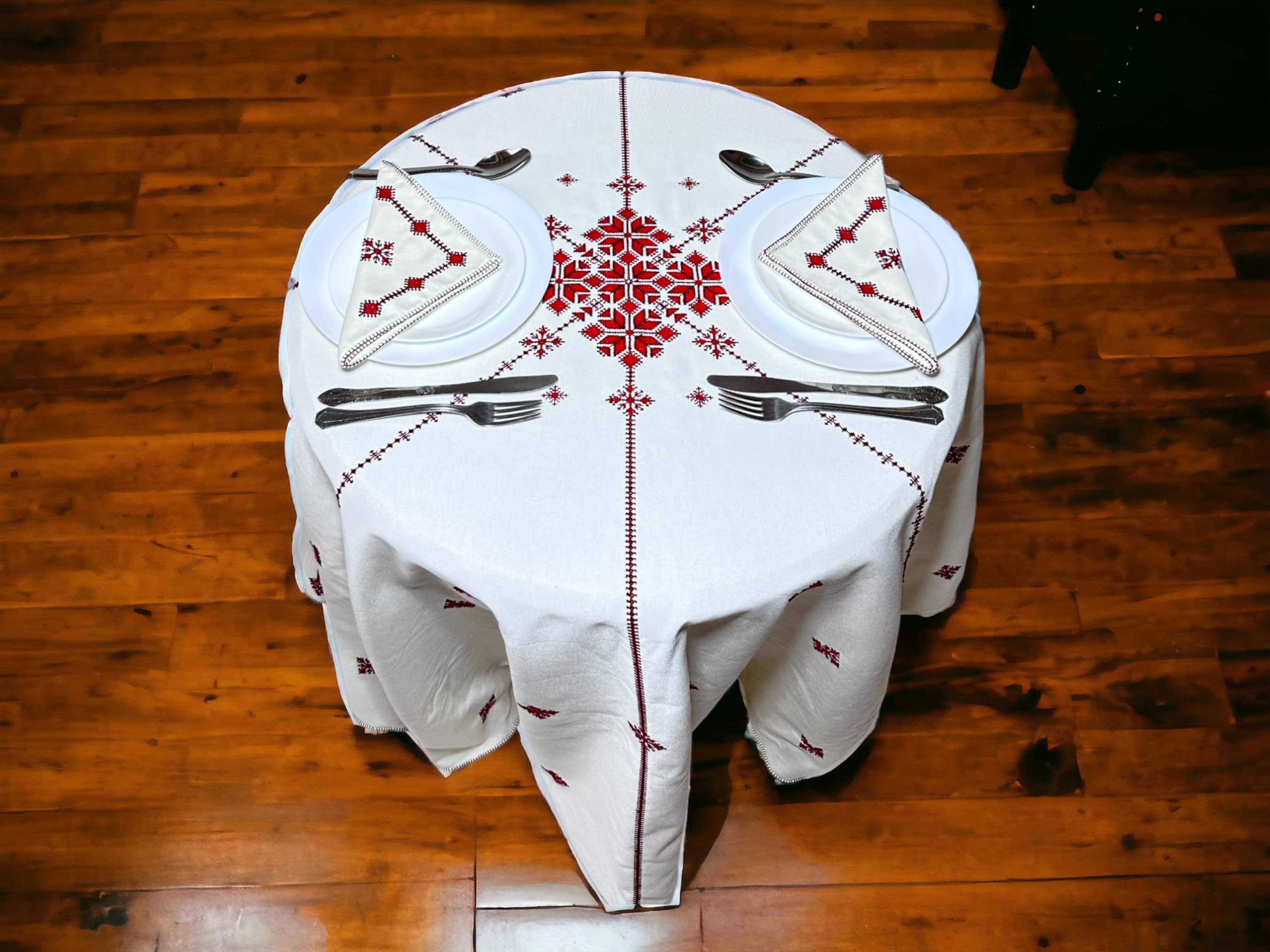 Red Hand Embroidered Table cloth and napkins, a magnificent decoration ...